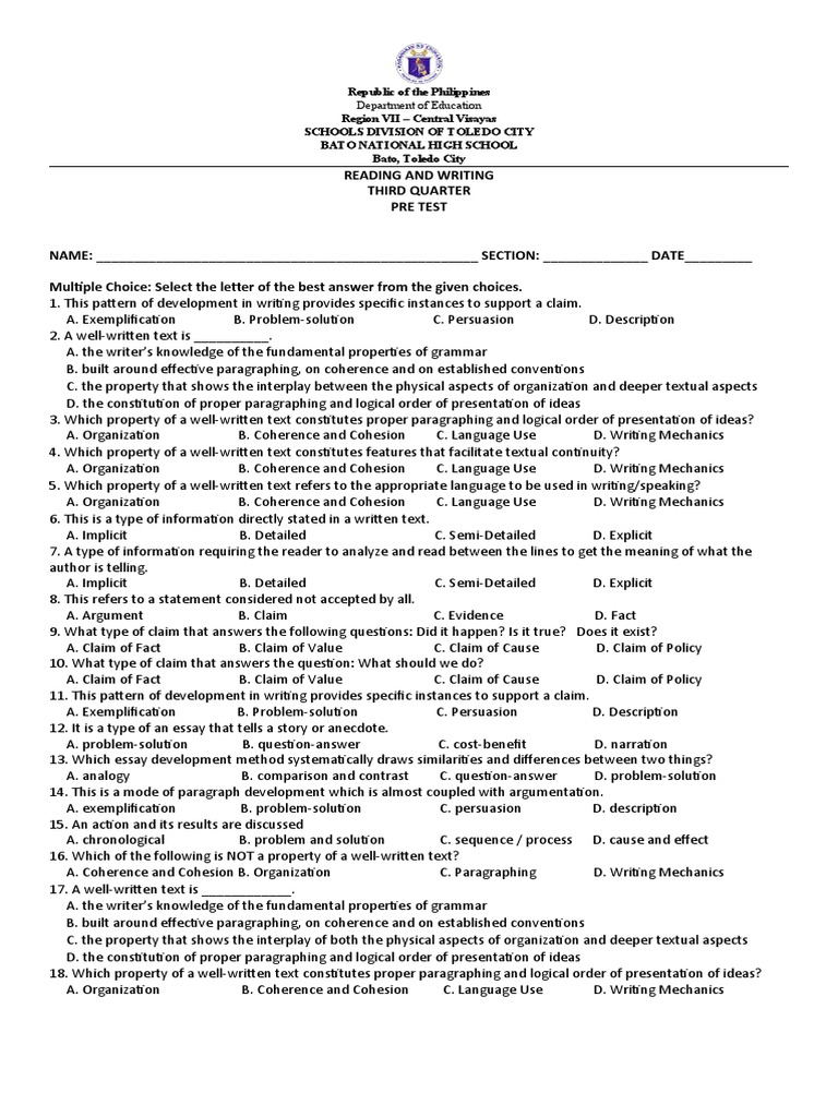 Third Quarter Reading and Writing Test | PDF | Cannabis | Science