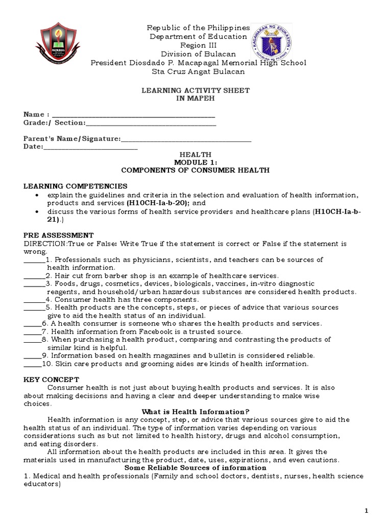 Las - Mapeh - Health Module 1 | PDF | Health Professional | Health Care