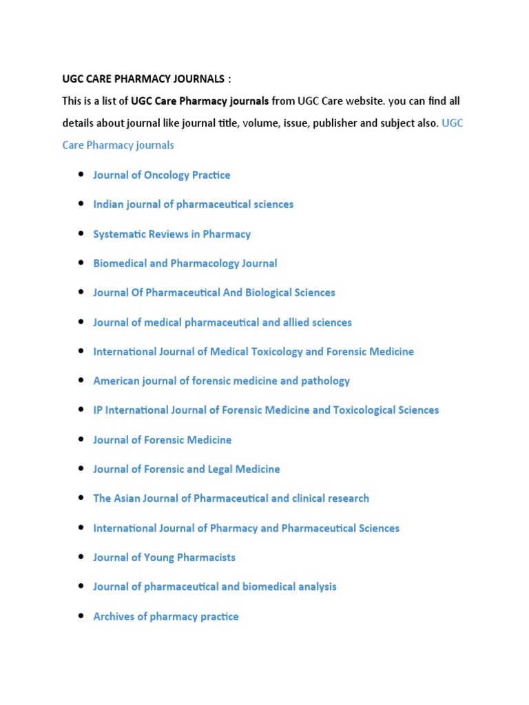 UGC Care Pharmacy Journals List with Impact Factors | PDF | Pharmacy | Pharmacology