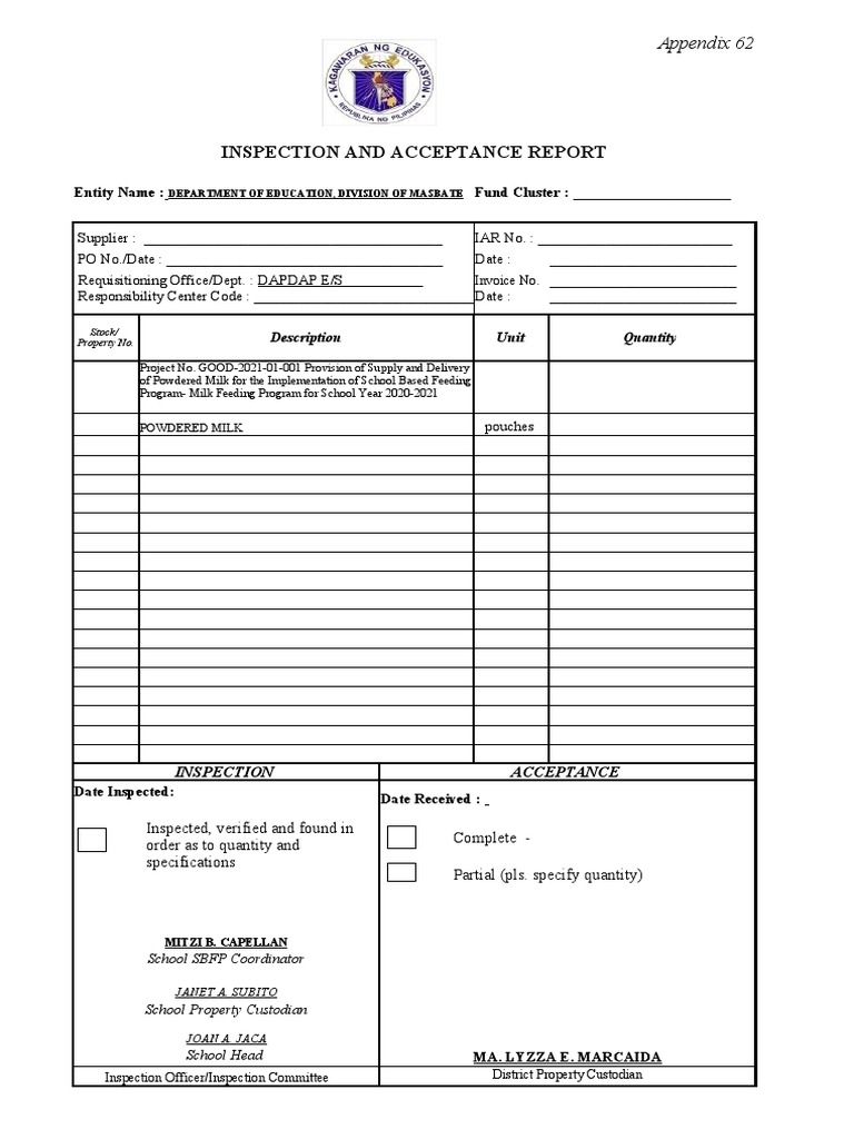 Inspection and Acceptance Report Template | PDF