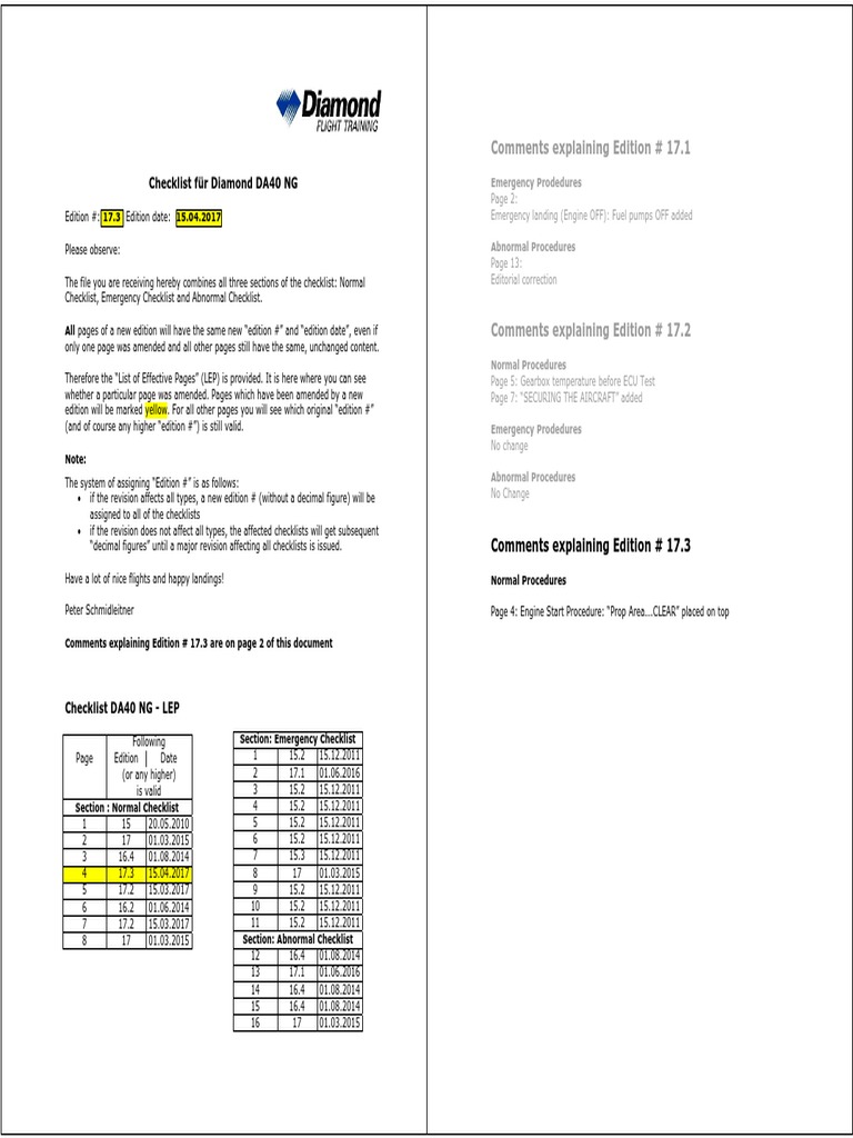 Da40 Check List | PDF | Aviation | Aircraft