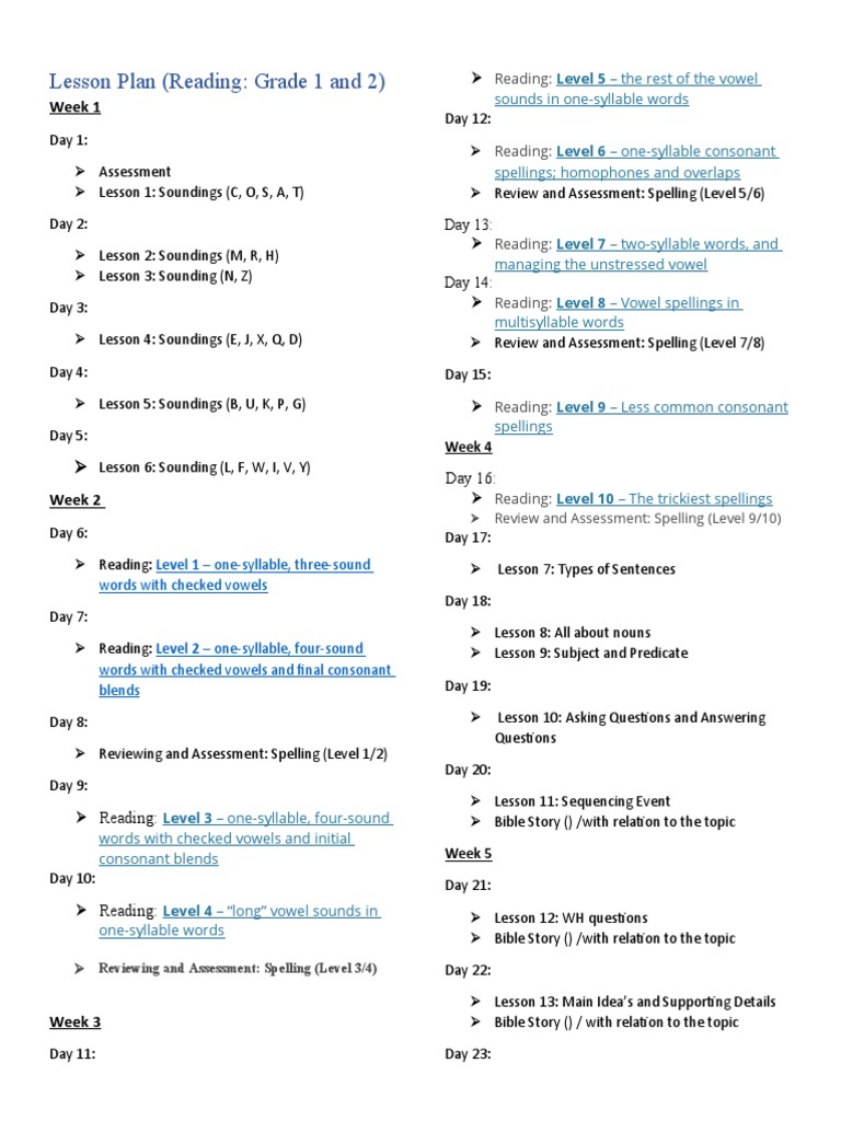 Lesson Plan. Grade 1 and 2. Reading | PDF | Vowel | Consonant