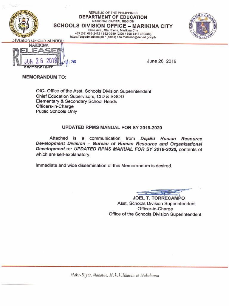 Clarification RPMS Manual For SY 2019-2020 | PDF