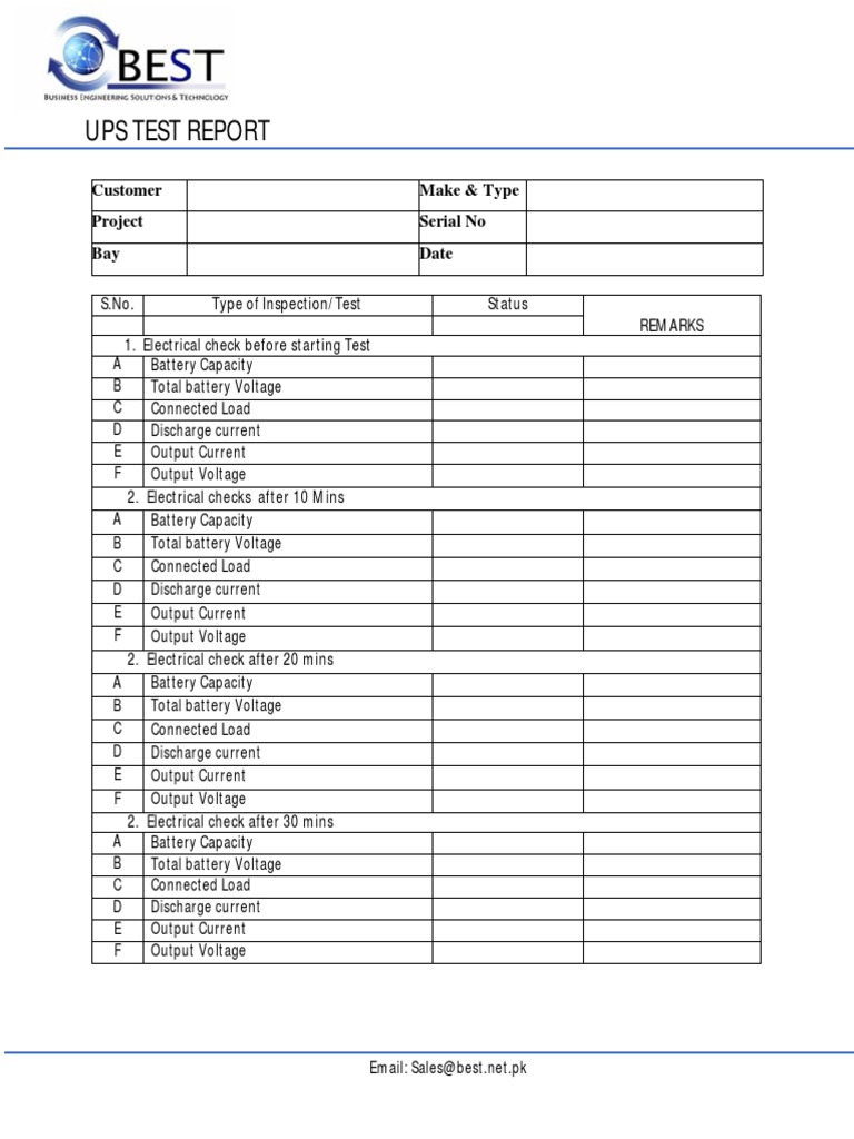 Ups Test Report: Customer Make & Type Project Serial No Bay Date ...