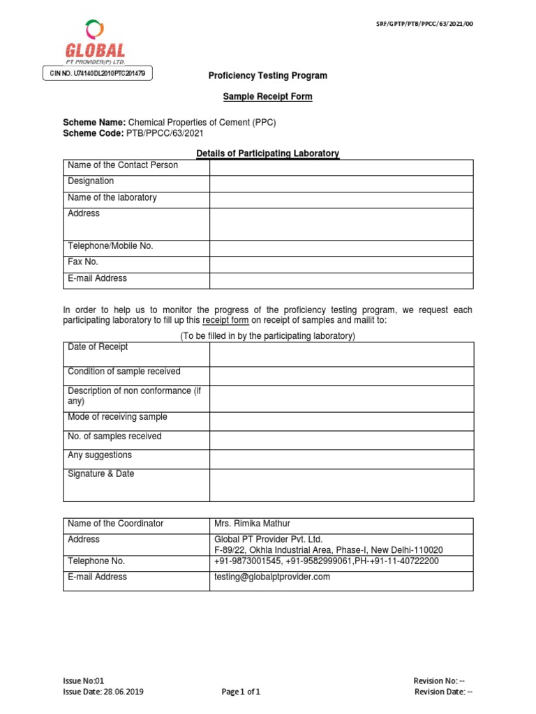 Proficiency Testing Program Sample Receipt Form: CIN NO ...