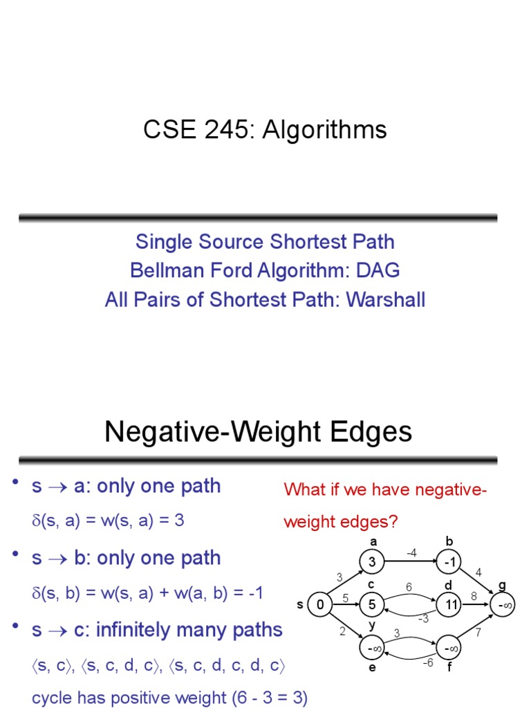 Cse 245 Algorithms Single Source Shortest Path Bellman Ford Algorithm Dag All Pairs Of