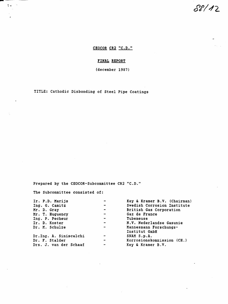 CEOCOR 87 Cathodic Disbonding of Steelpipe Coatings | PDF | Corrosion ...