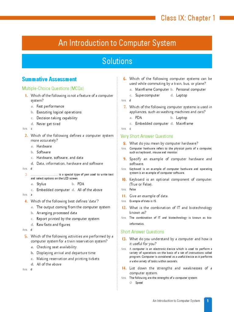 An Introduction To Computer System Solutions: Class IX: Chapter 1 | PDF ...