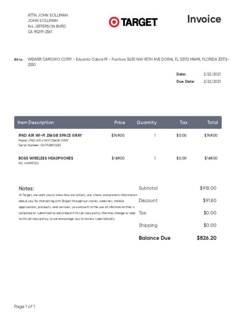 Invoice: Item Description Price Quantity Tax Total | PDF