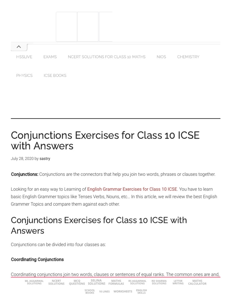 Conjunctions Worksheets For Grade 10
