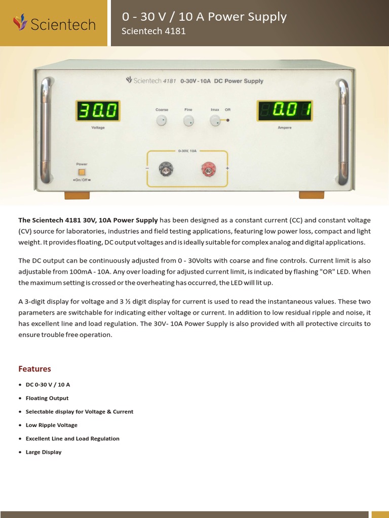 30V, 10A Variable Power Supply Model Scientech-4181 | PDF | Power ...