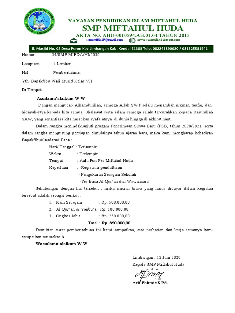 Surat Pemberitahuan Pengambilan Seragam | PDF
