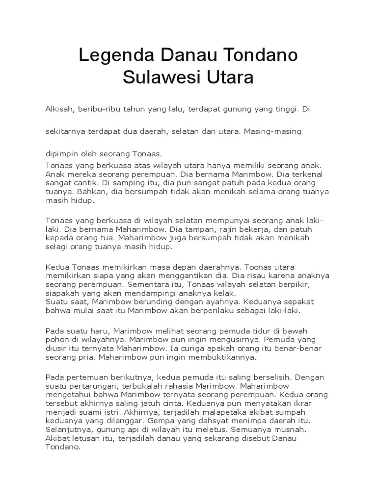 Legenda Danau Tondano Sulawesi Utara | PDF