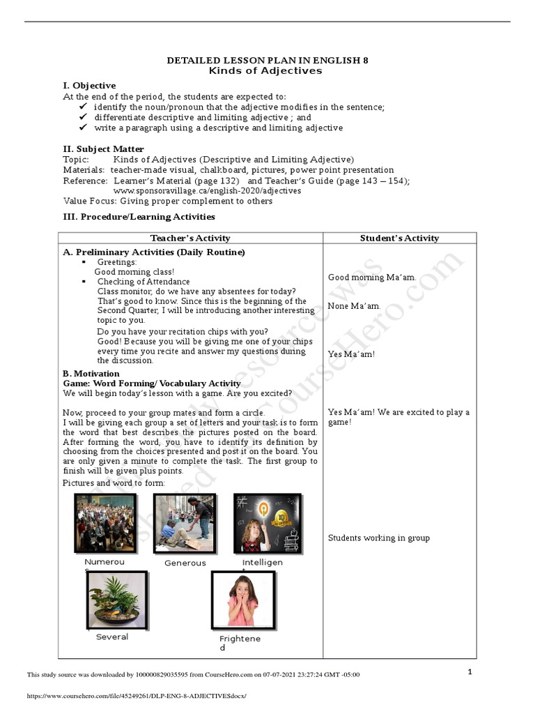 This Study Resource Was: Detailed Lesson Plan in English 8 Kinds of ...
