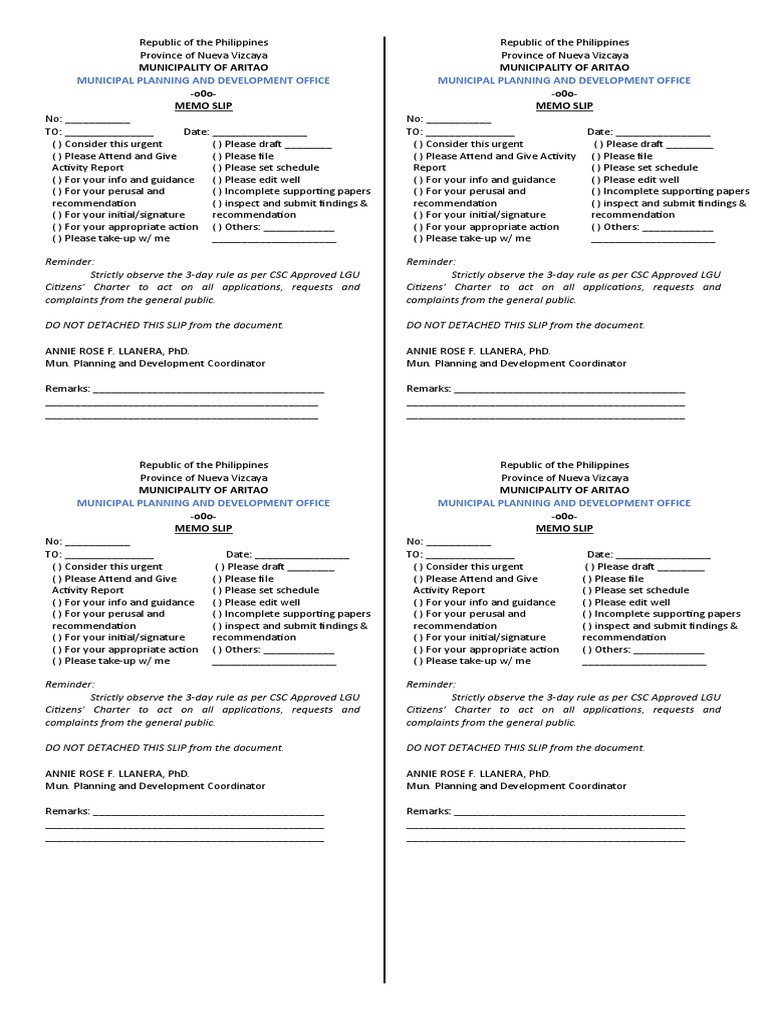 Standard Memo Slip Template for the Municipal Planning and Development ...