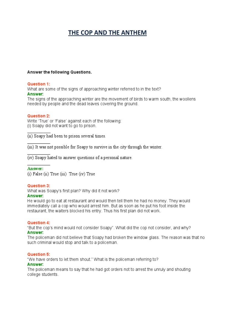 The Cop and The Anthem: Answer The Following Questions | PDF | Language ...
