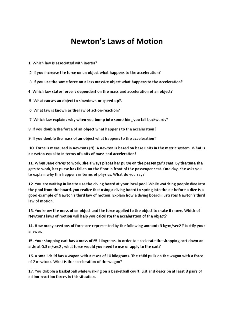 Newton's Laws of Motion Worksheet. | PDF | Force | Mass