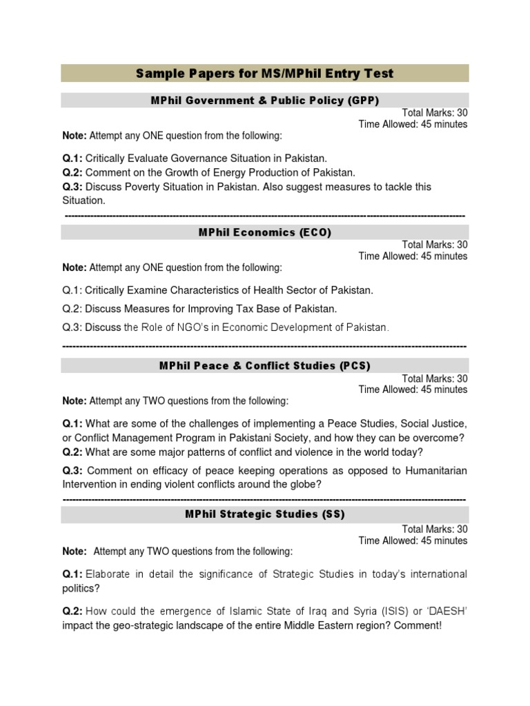 MPhil Entry Test Sample Papers Guide | PDF | Pakistan | Islamic State ...