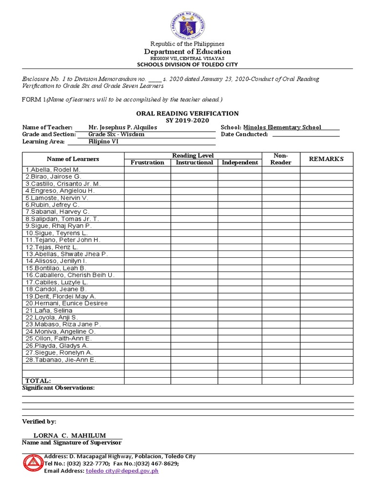 Department of Education: Oral Reading Verification | PDF | Schools | Further Education