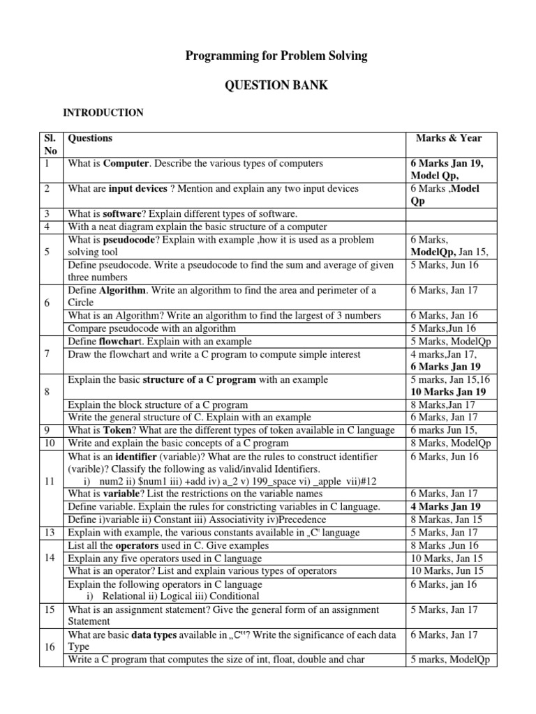 Programming For Problem Solving Question Bank: Sl. No Questions Marks ...