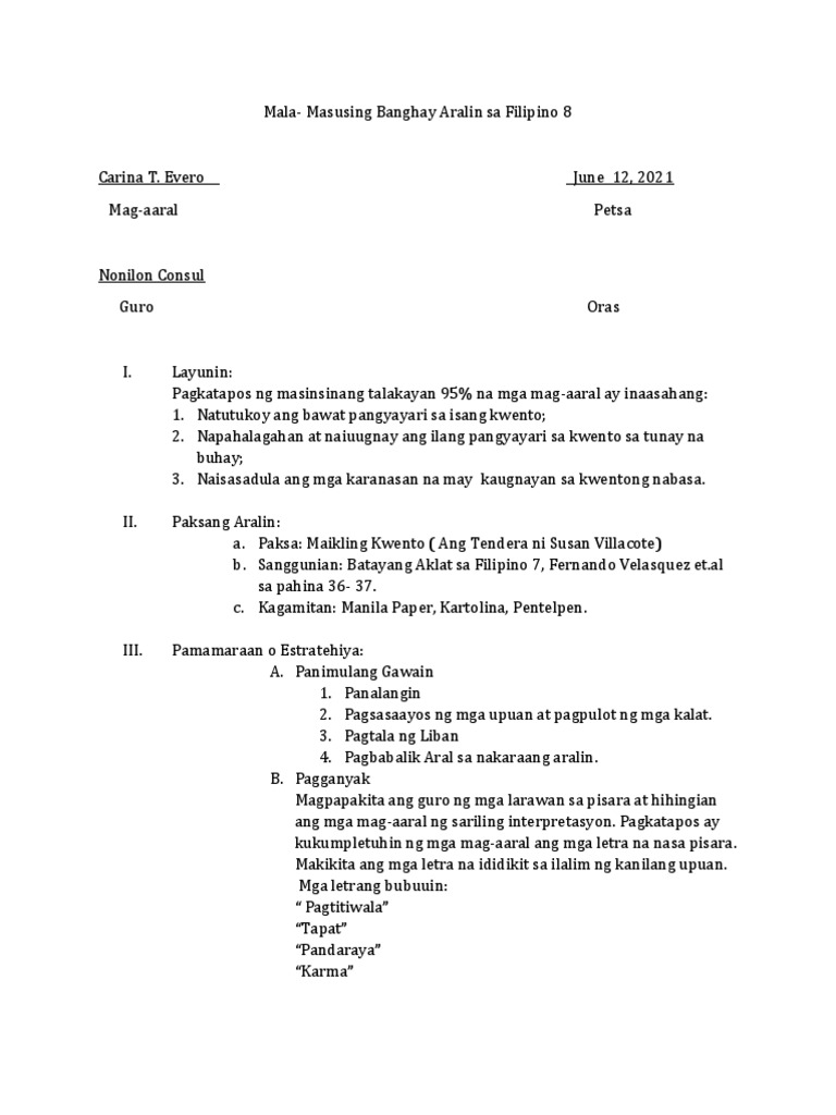 Evero Carina Lesson Plan Maikling Kwento | PDF