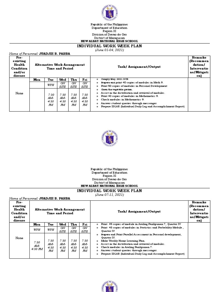 Individual Work Week Plan: (June 01-04, 2021) Name of Personnel ...