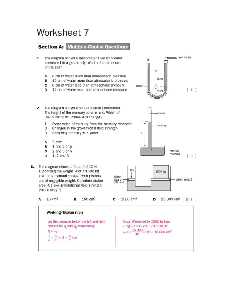 Worksheet 7 Pressure | PDF