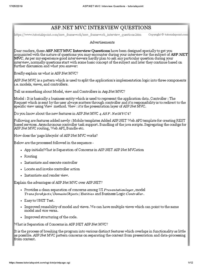 Mvc Interview Questions Tutorialspoint Pdf