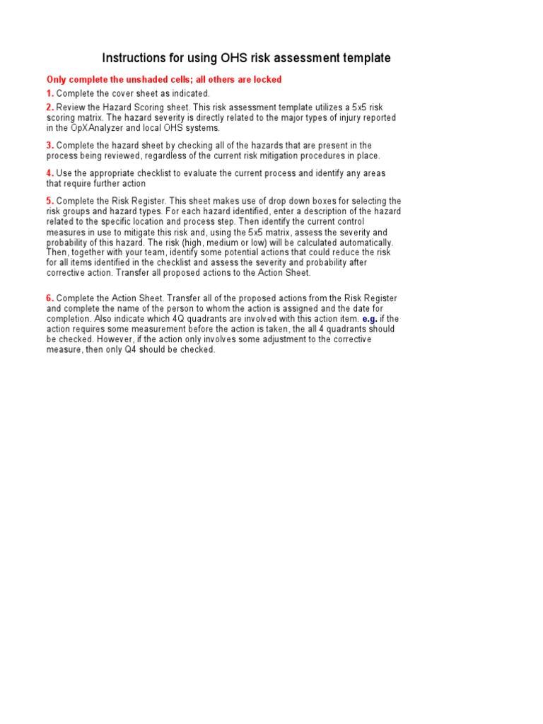 Instructions For Using OHS Risk Assessment Template: Only Complete The ...