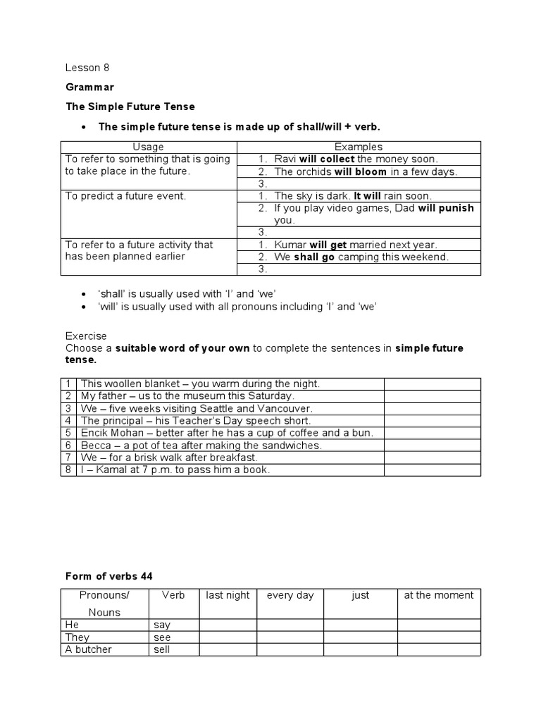 Upper Primary English Exercises Lesson 7 | PDF | Grammatical Tense | Verb