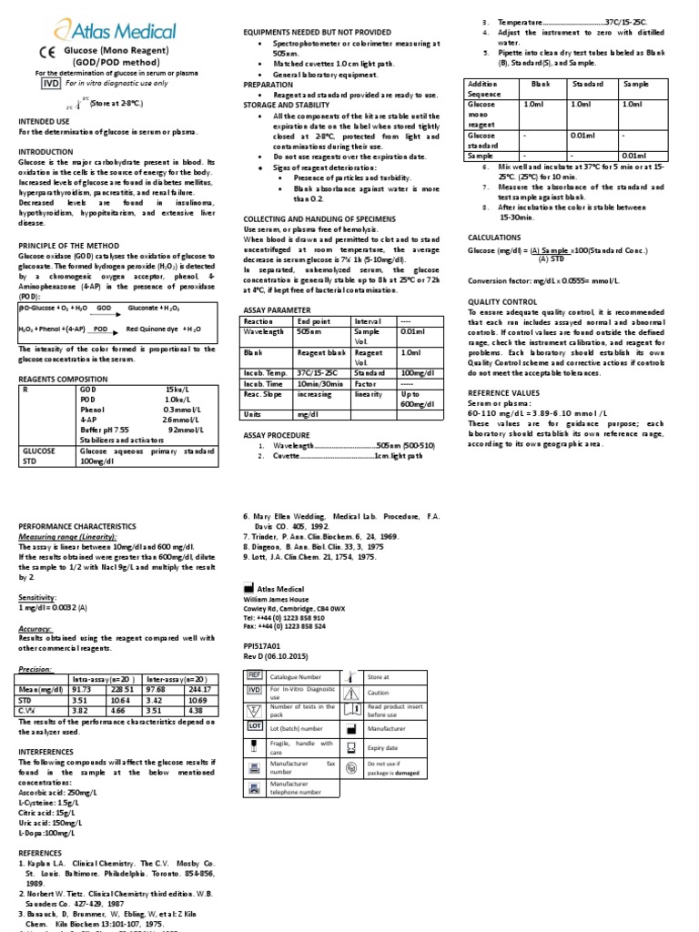 Glucose (Mono Reagent) (GOD/POD Method) : For in Vitro Diagnostic Use ...