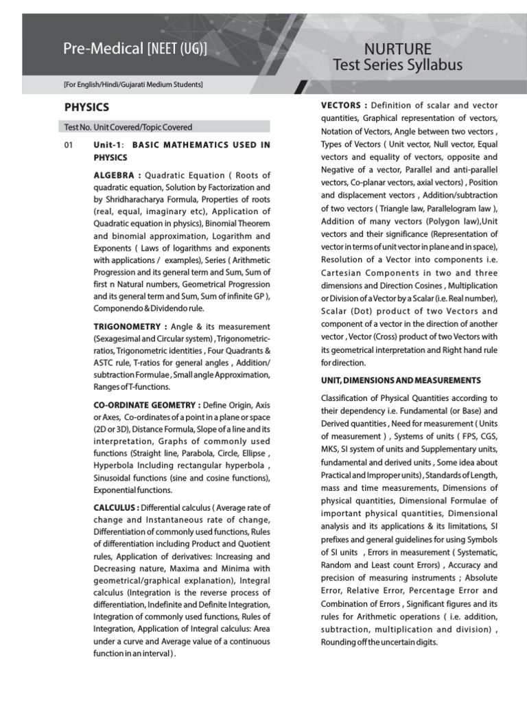 Pre Medical Nurture Test Series Detailed Syllabus | PDF | Force ...