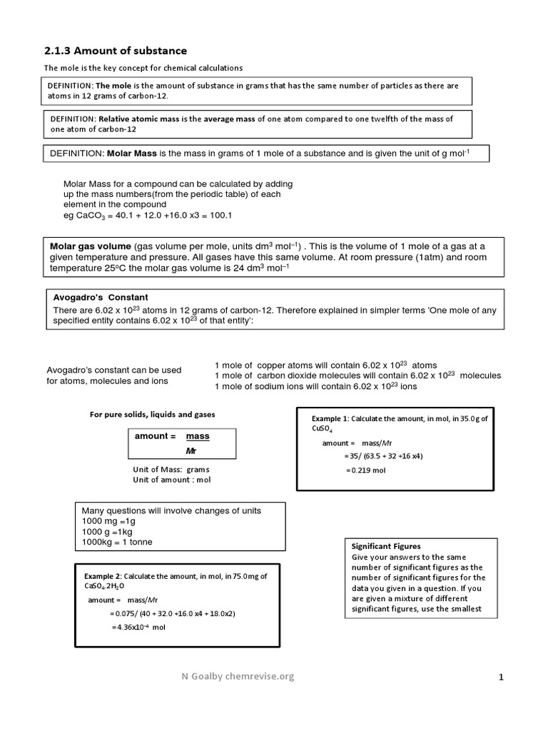 2.1.3 Amount of Substance: Molar Gas Volume (Gas Volume Per Mole, Units ...