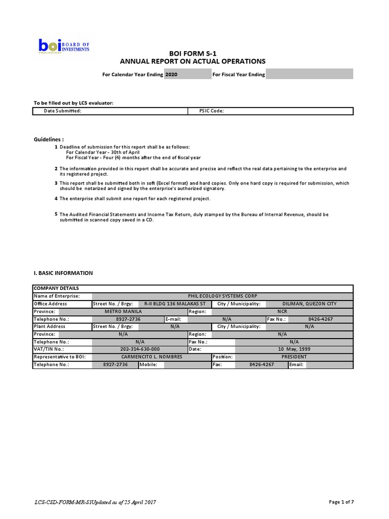 Boi Form S-1 Annual Report On Actual Operations: Guidelines | PDF ...
