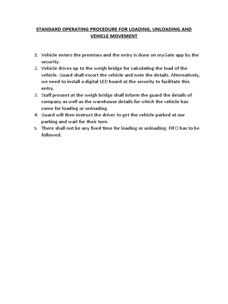 SOP for Vehicle Loading/Unloading | PDF