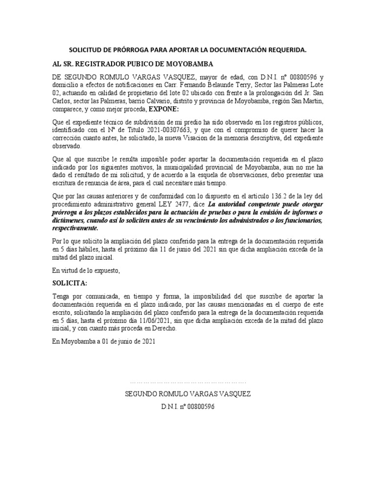 Solicitud de Prórroga para Aportar La Documentación Requerida | PDF