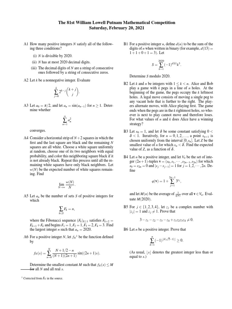 Analysis of Problems from the 81st William Lowell Putnam Mathematical ...