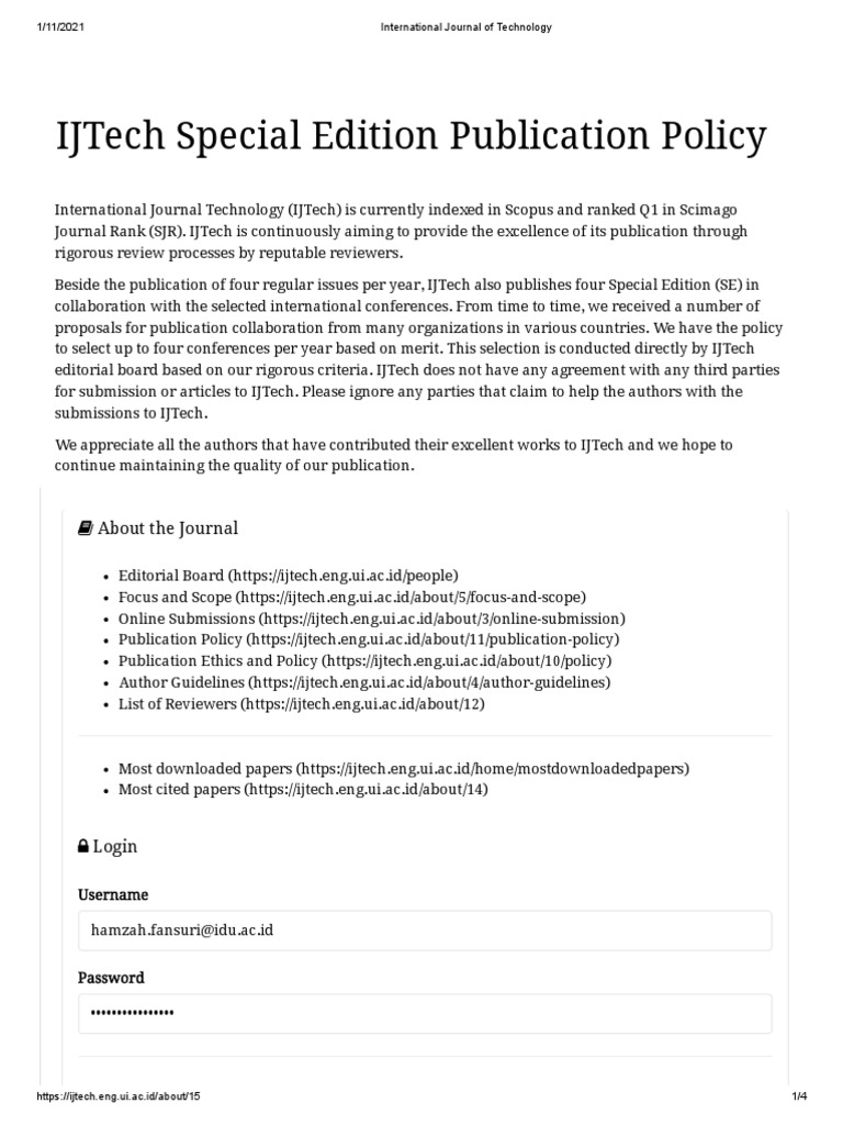 Ijtech Special Edition Publication Policy: About The Journal | PDF | Publishing | Business