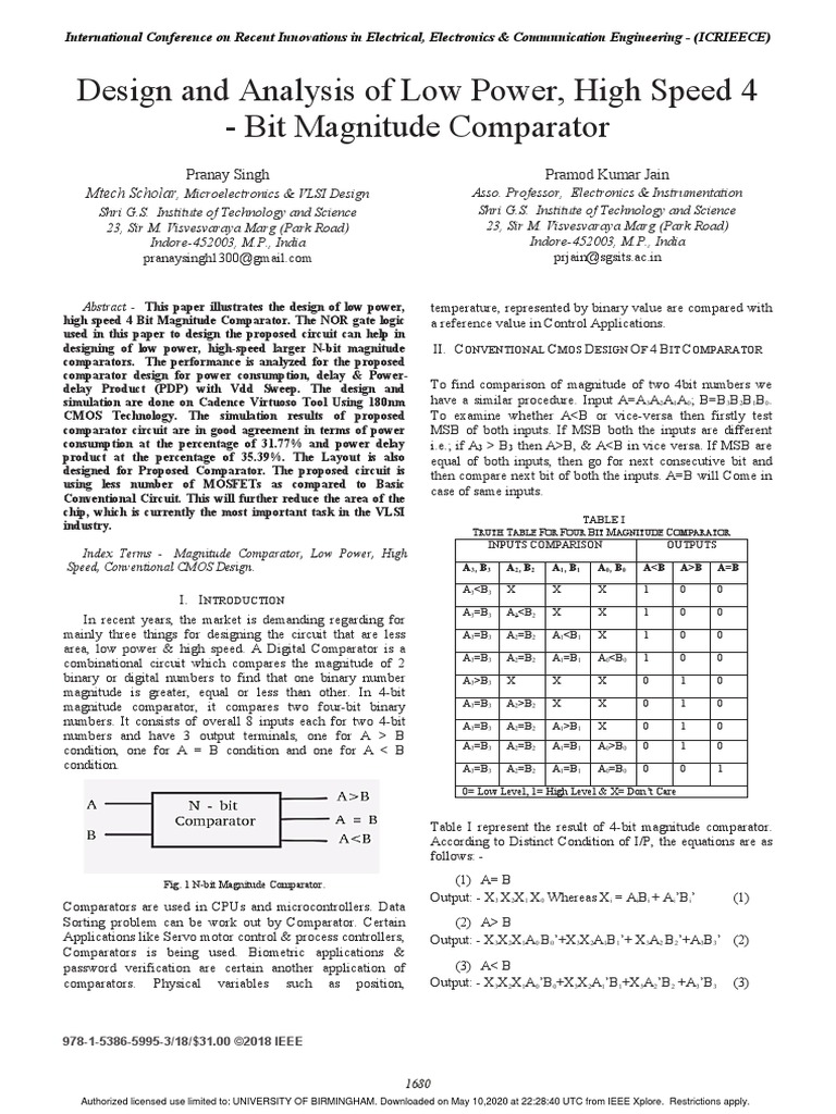 Design and Analysis of Low Power, High Speed 4 - Bit Magnitude Comparator | PDF | Logic Gate ...
