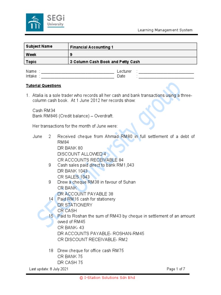 Tutorial Cash Book & Petty Cash | PDF | Overdraft | Cheque