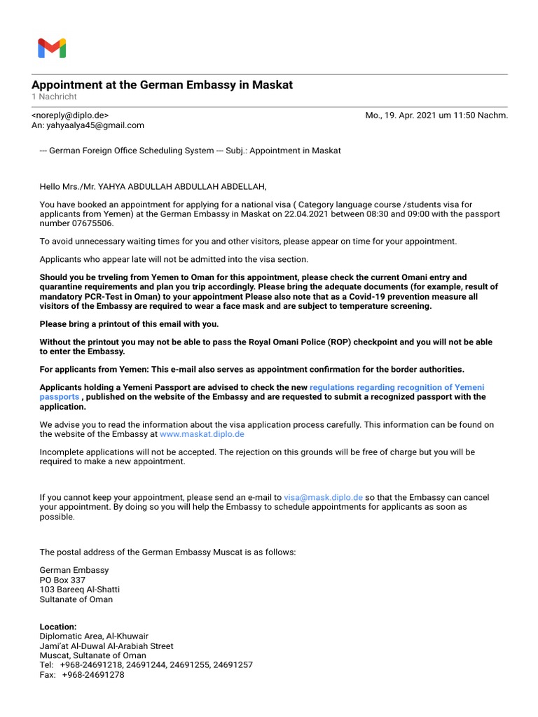 Gmail - Appointment at The German Embassy in Maskat | PDF | Travel Visa ...