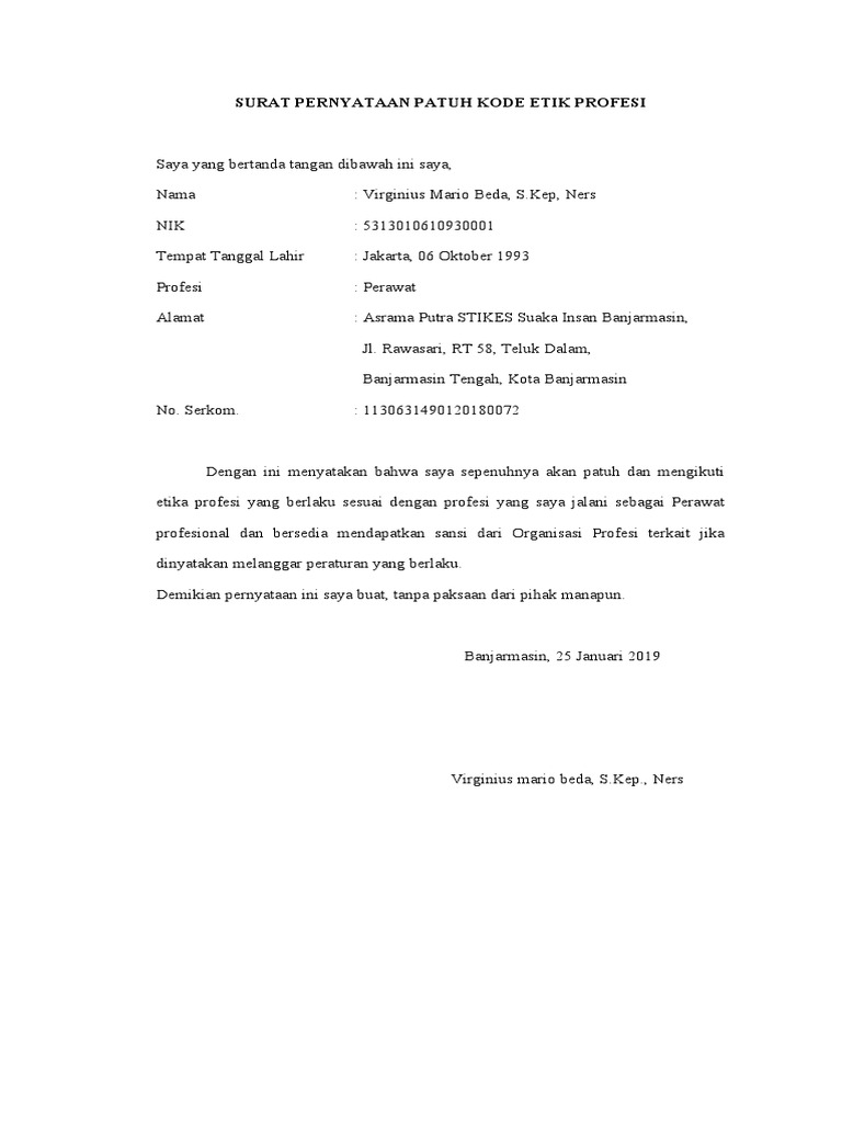 Surat Pernyataan Patuh Kode Etik | PDF Surat Pernyataan Patuh Kode Etik | PDF