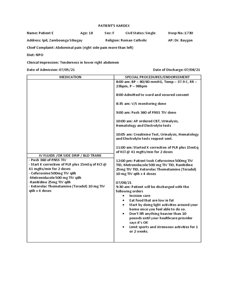 Appendicitis KARDEX | PDF | Patient | Medical Specialties