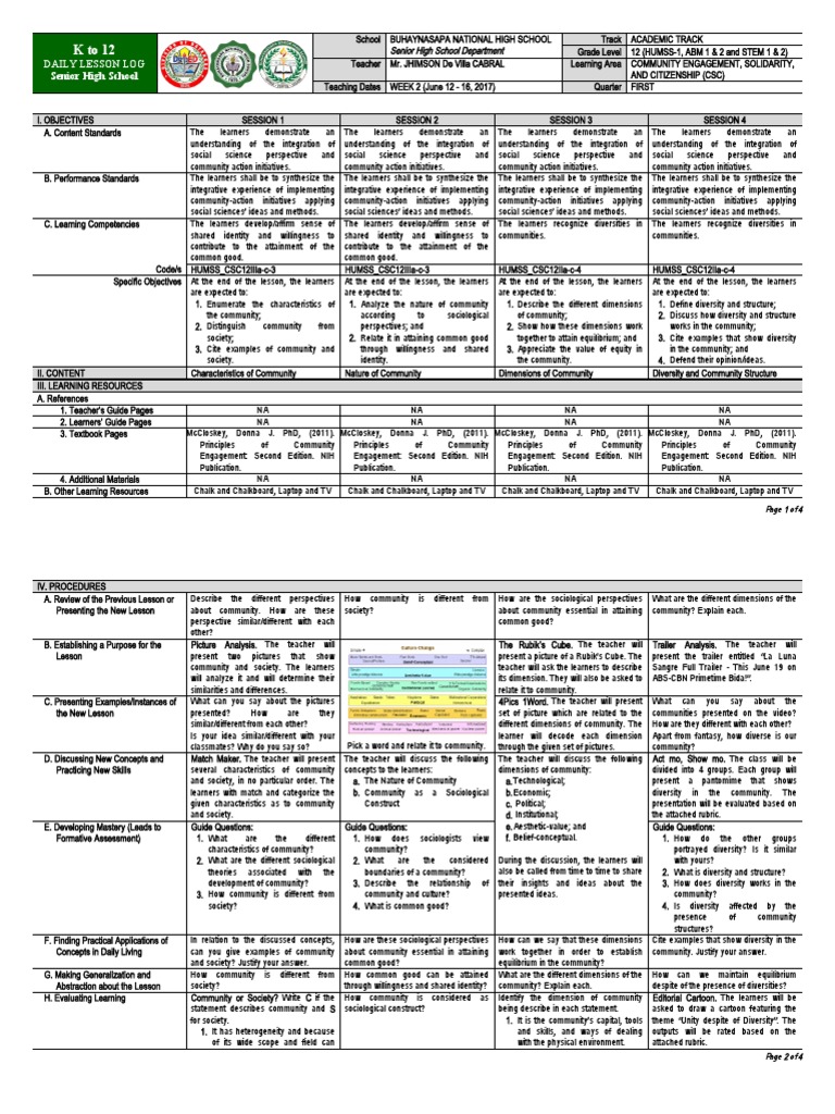Senior High School: Daily Lesson Log | PDF | Community | Sociology