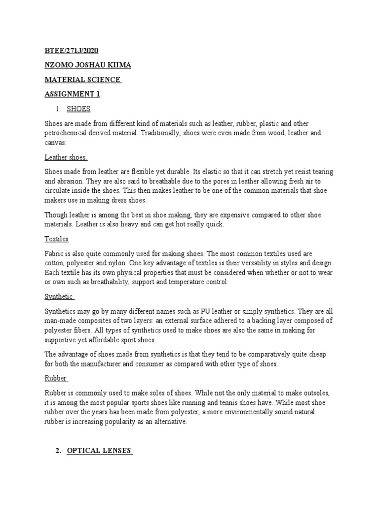 BTEE/271J/2020 Nzomo Joshau Kiima Material Science Assignment 1 | PDF | Materials | Optics