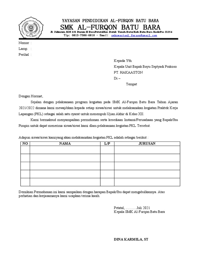Contoh Surat Permohonan PKL | PDF