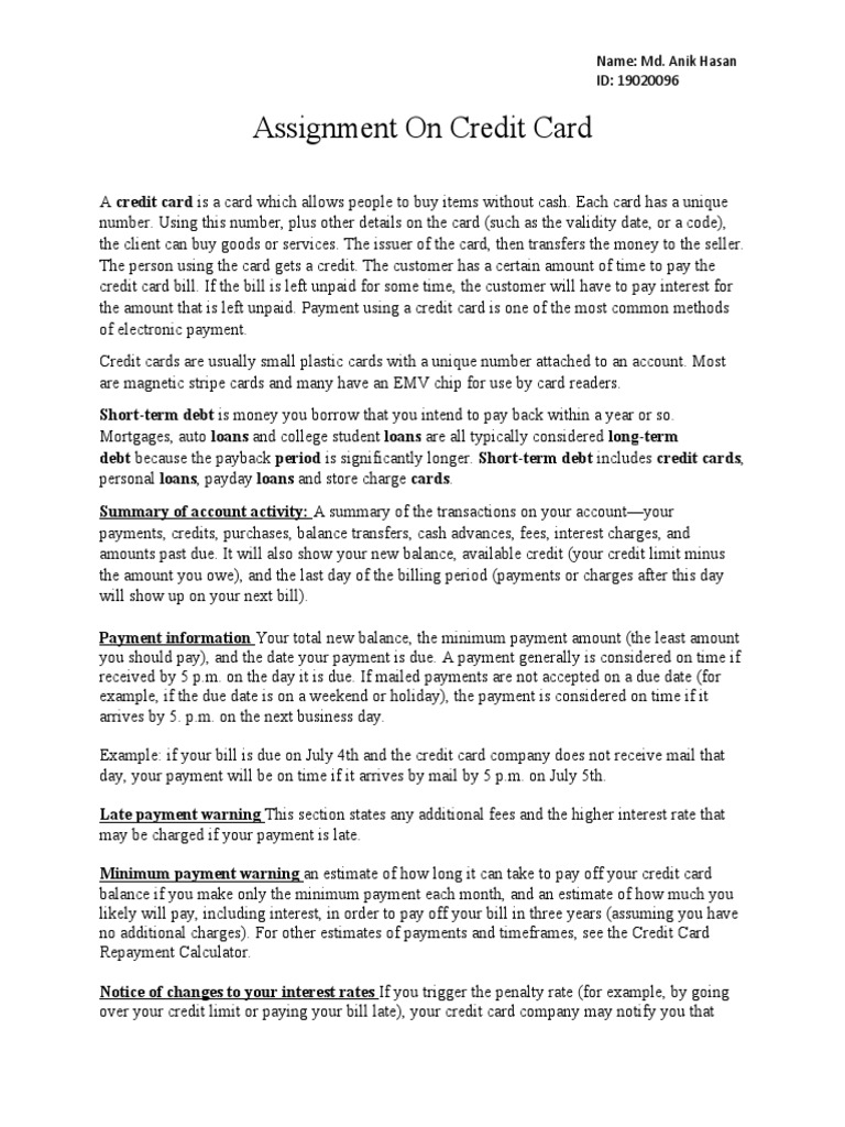 Assignment On Credit Card: Name: Md. Anik Hasan ID: 19020096 | Download ...