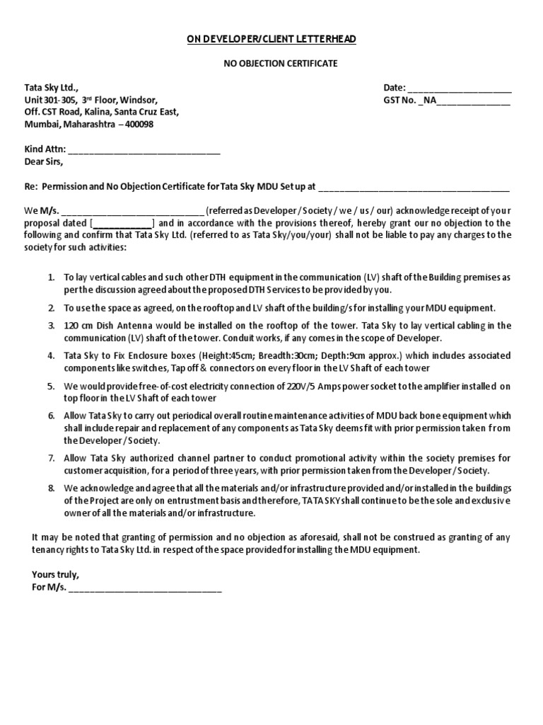 Tata Sky MDU - NOC Draft | Download Free PDF | Electricity | Electrical Engineering