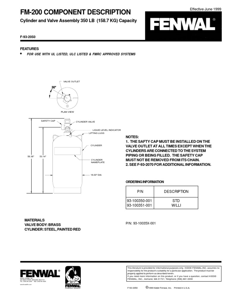 Fm-200 Component Description: Cylinder and Valve Assembly 350 LB (158.7 ...