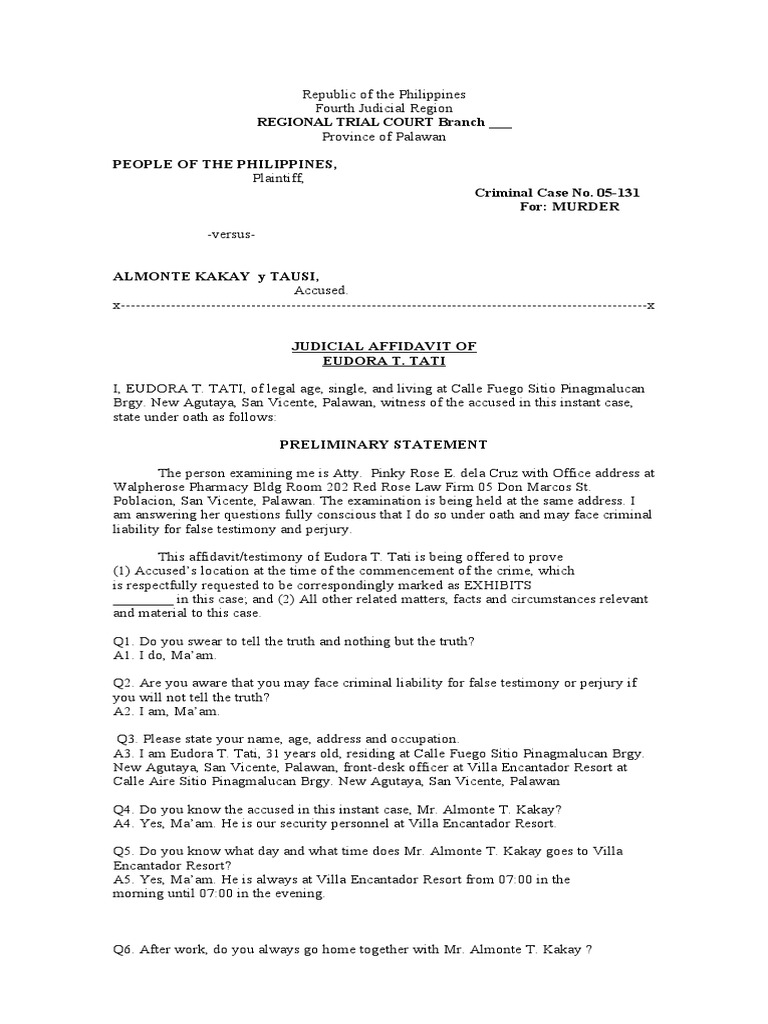 Affidavit of Witness To A Crime of Murder Sample | PDF | Perjury ...